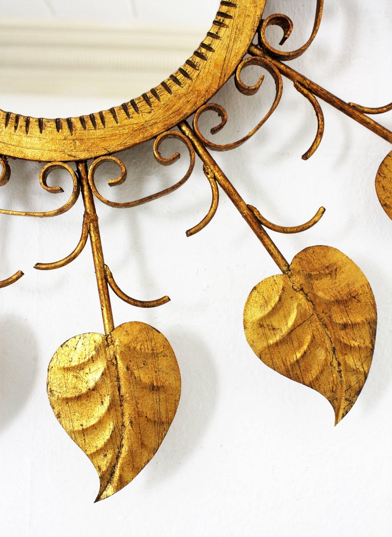 Wrought Iron Gilded Sunburst Mirror with Leaf and Scroll Motifs, Spain ...