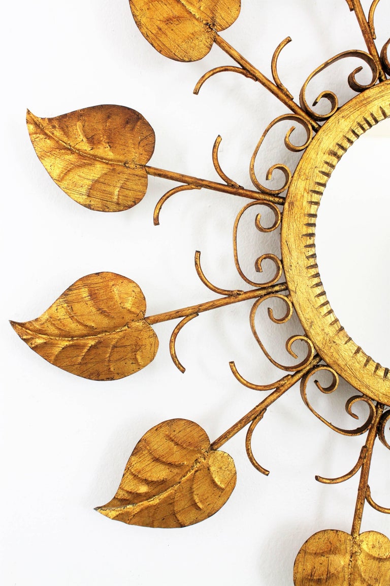 Wrought Iron Gilded Sunburst Mirror with Leaf and Scroll Motifs, Spain ...
