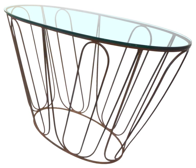 Wrought Iron and Glass Elliptical Console Table in the Manner of Jean ...