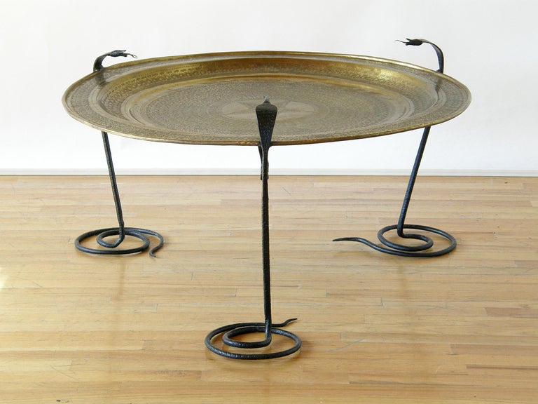 Wrought Iron Serpents Table with Hand Tooled Star Pattern on Brass Top ...