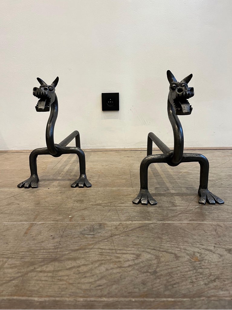 Wrought Iron Zoomorphic Andirons, France, 1970s at 1stDibs
