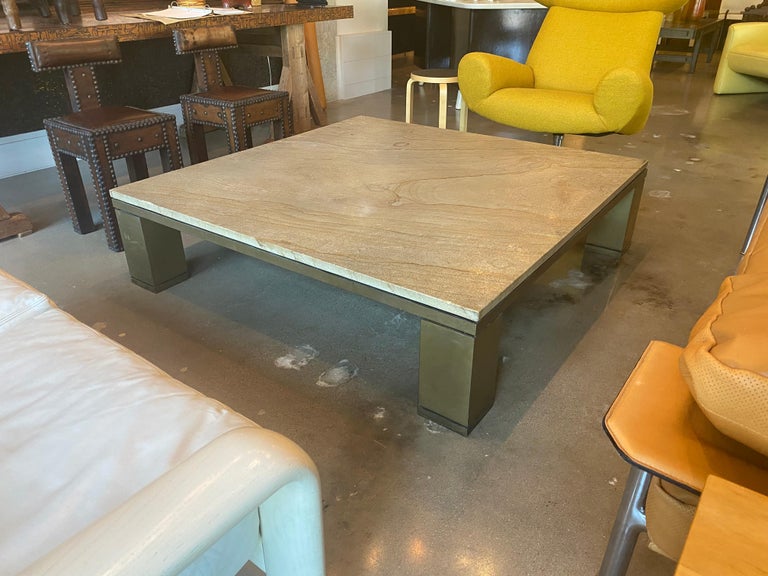 XL Square Stone and Brass Cocktail Table, Italy, 1970's For Sale at 1stDibs