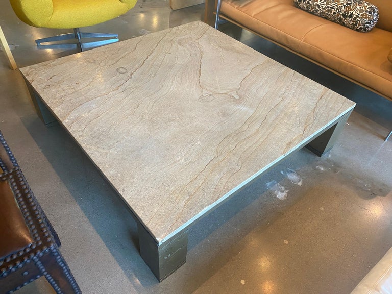 XL Square Stone and Brass Cocktail Table, Italy, 1970's For Sale at 1stDibs