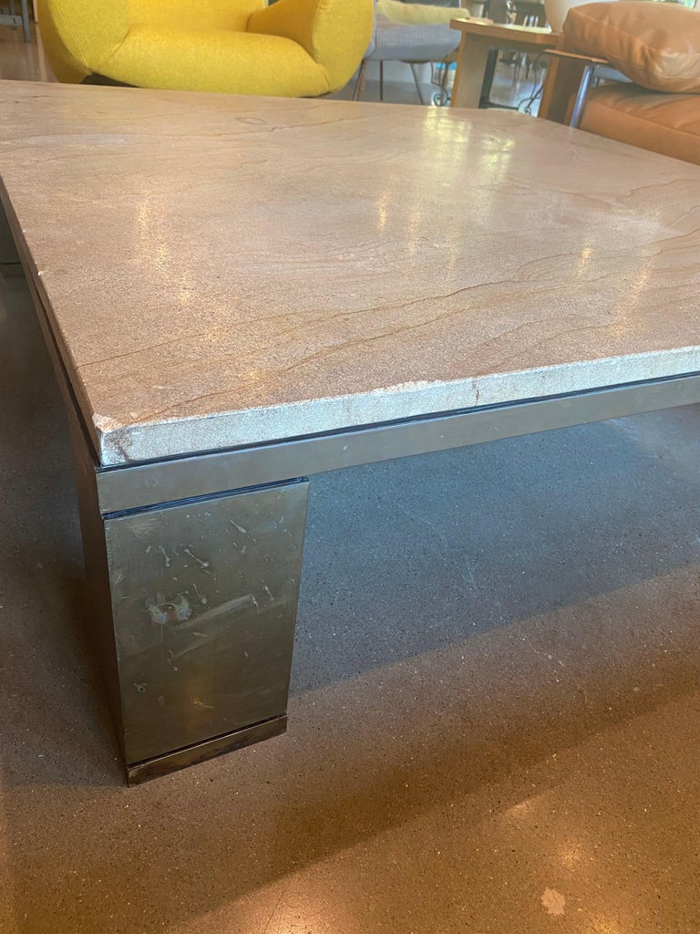 XL Square Stone and Brass Cocktail Table, Italy, 1970's For Sale at 1stDibs