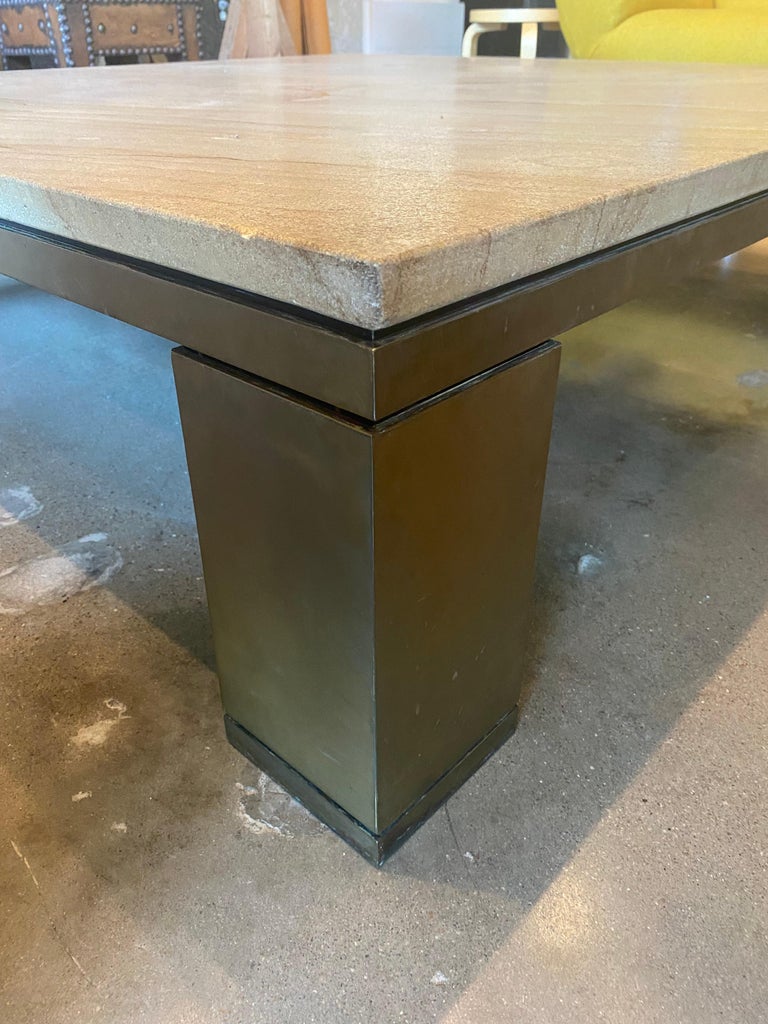 XL Square Stone and Brass Cocktail Table, Italy, 1970's For Sale at 1stDibs