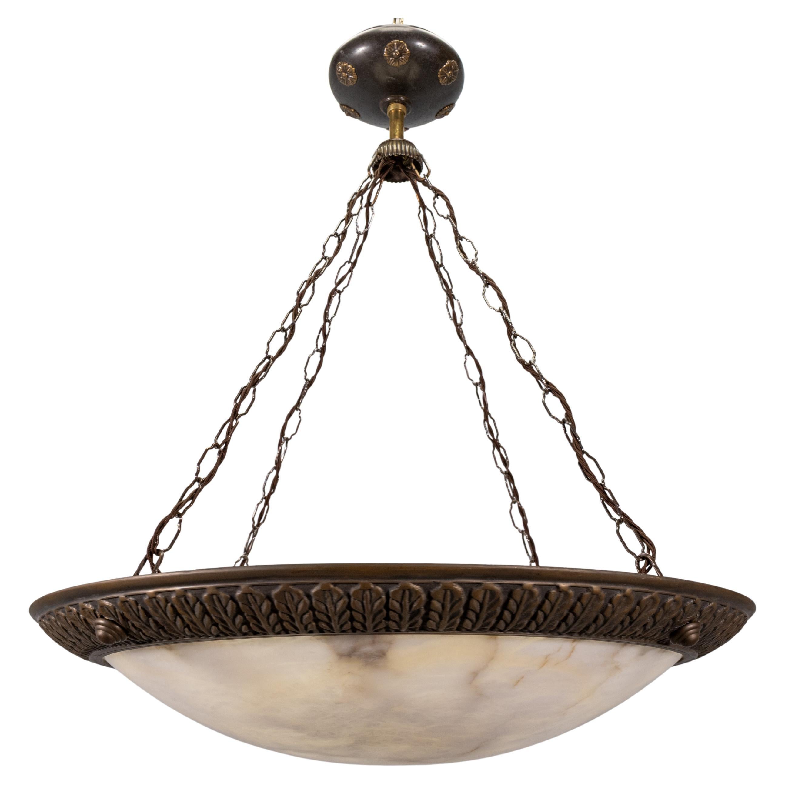 Art Deco Dark Veined Alabaster and Brass Three-Light Pendant Chandelier ...