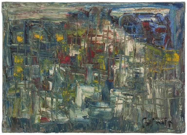 Yaakov Loebel - UNTITLED (ABSTRACT BLUE CITYSCAPE) For Sale at 1stDibs