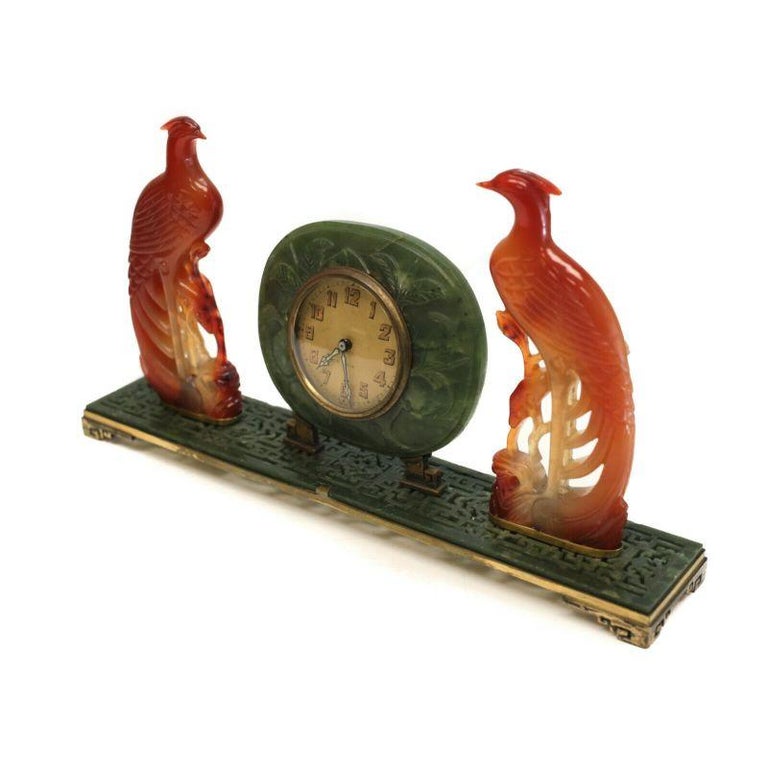 Yamanaka Art Deco Carved Jade, Agate, and Gilt Silver Desktop Clock ...