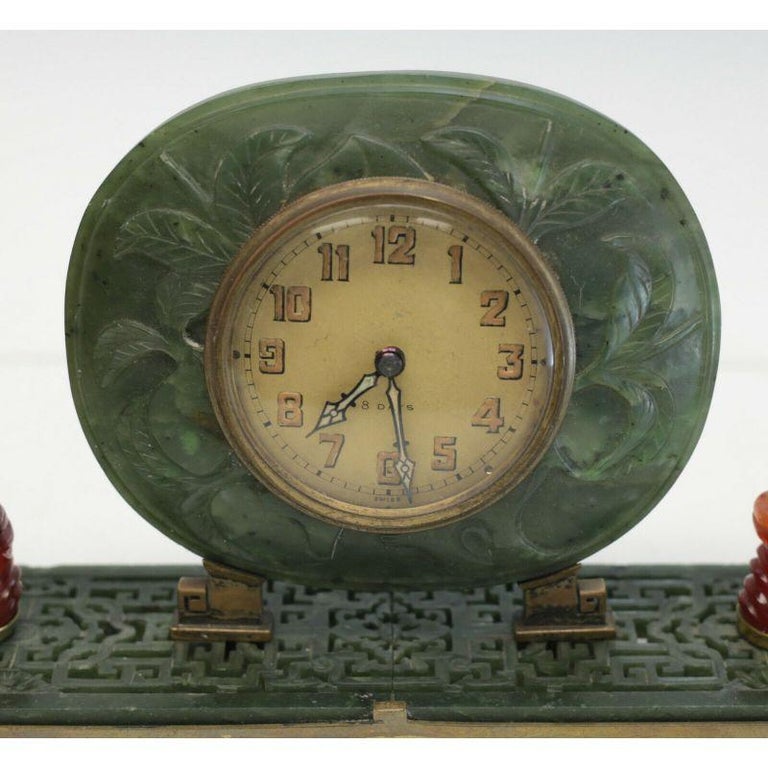 Yamanaka Art Deco Carved Jade, Agate, and Gilt Silver Desktop Clock ...