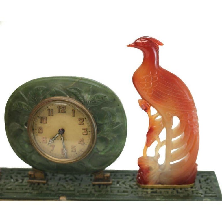 Yamanaka Art Deco Carved Jade, Agate, and Gilt Silver Desktop Clock ...