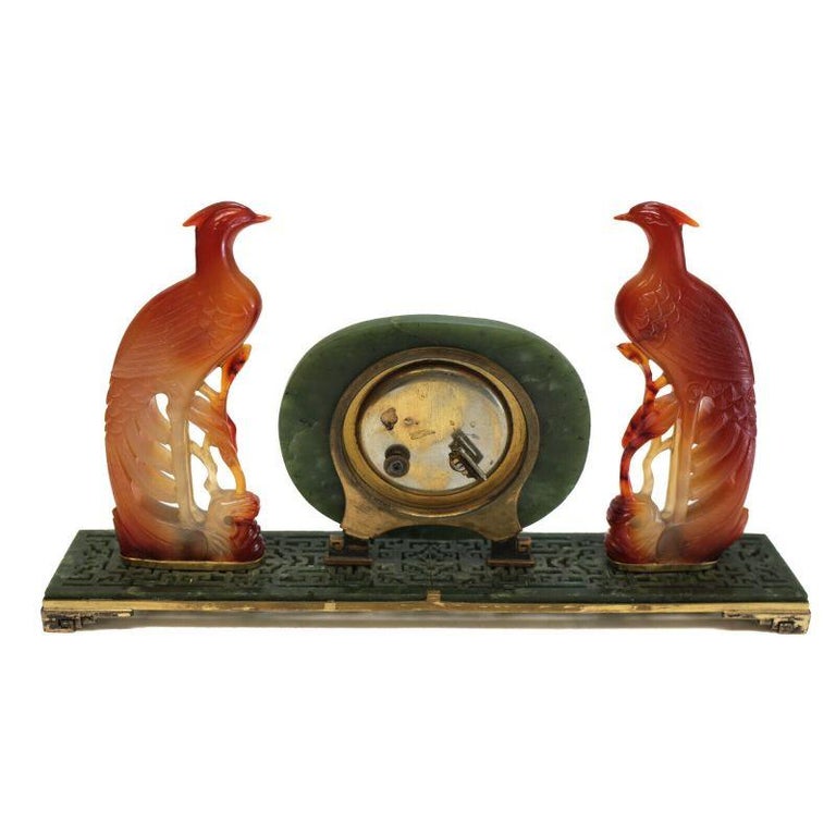 Yamanaka Art Deco Carved Jade, Agate, and Gilt Silver Desktop Clock ...