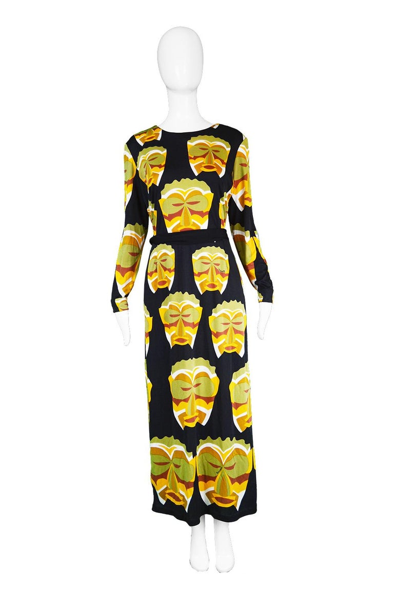 Yannis Tseklenis Black Ban-lon Jersey Mask Print Maxi Dress, 1970s For ...