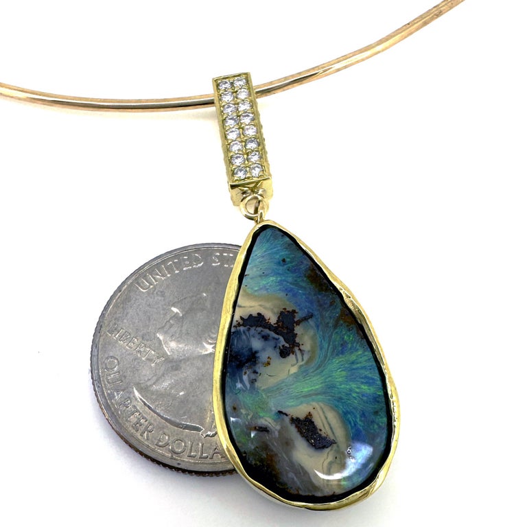 Yaraka Boulder Opal Drop Pendant with Diamond Box Bale on Gold Wire ...