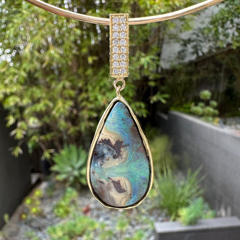 Yaraka Boulder Opal Drop Pendant with Diamond Box Bale on Gold Wire ...