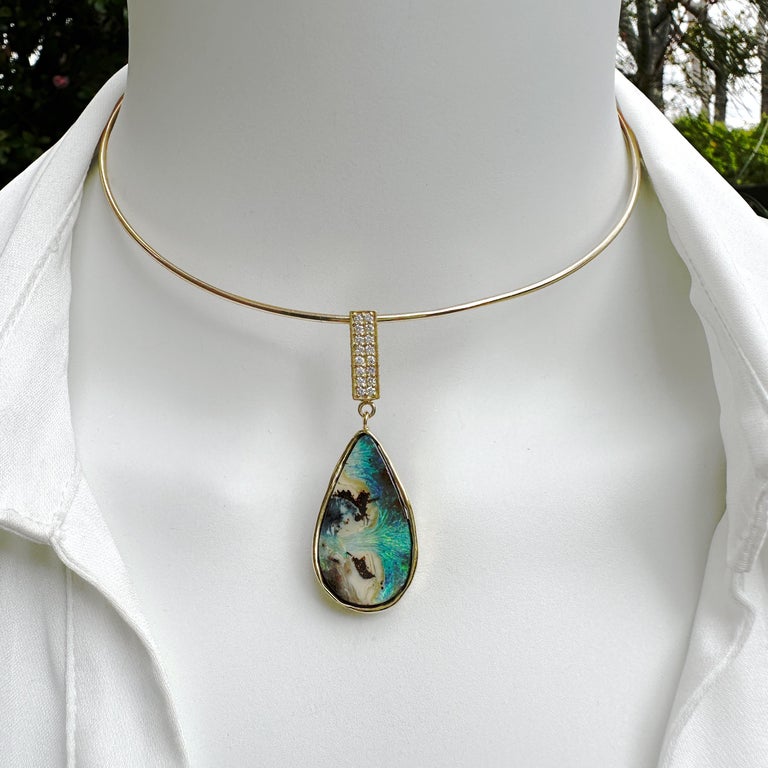 Yaraka Boulder Opal Drop Pendant with Diamond Box Bale on Gold Wire ...