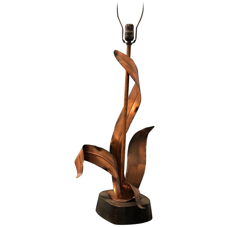 Mid Century Modern Copper and Wood Foliate Figural Table Lamp, Yasha ...