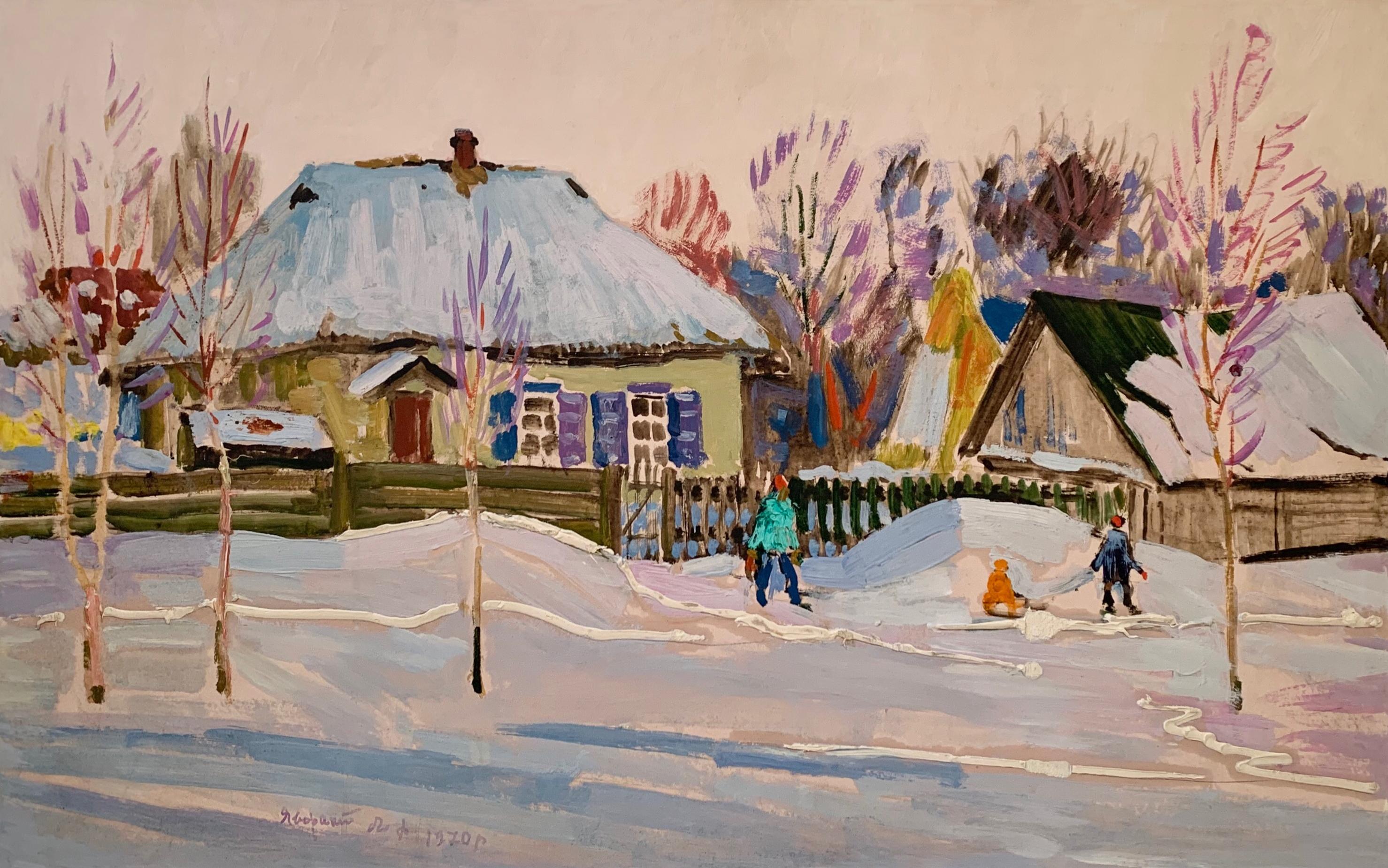 Yavorskiy Leonid - Antique Winter Village Landscape Oil Painting ...