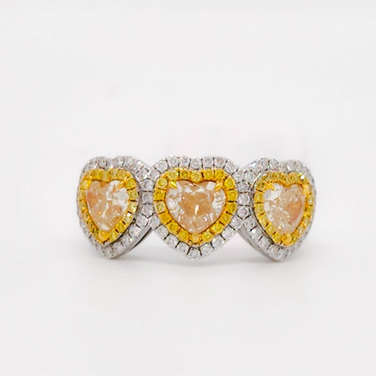 Yellow and White Diamond Three Heart Ring in 18k Two Tone Gold For Sale ...