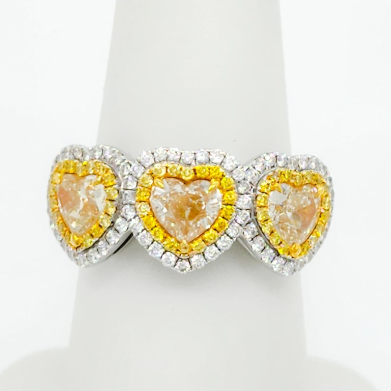 Yellow and White Diamond Three Heart Ring in 18k Two Tone Gold For Sale ...