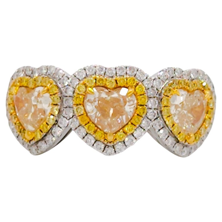 Yellow and White Diamond Three Heart Ring in 18k Two Tone Gold For Sale ...