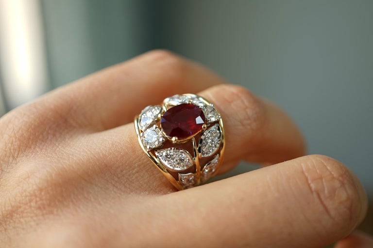 Yellow and Gold 18 Karat Old Cut White Diamonds Ruby Botanical ...