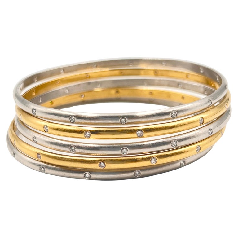 Yellow and White Gold Diamond Five Bangle Bracelet Set For Sale at 1stDibs