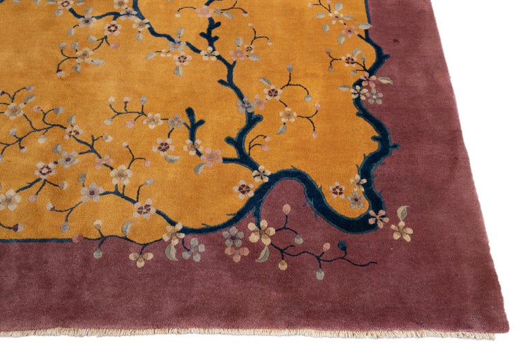 Yellow Antique Art Deco Chinese Handmade Wool Rug For Sale at 1stDibs
