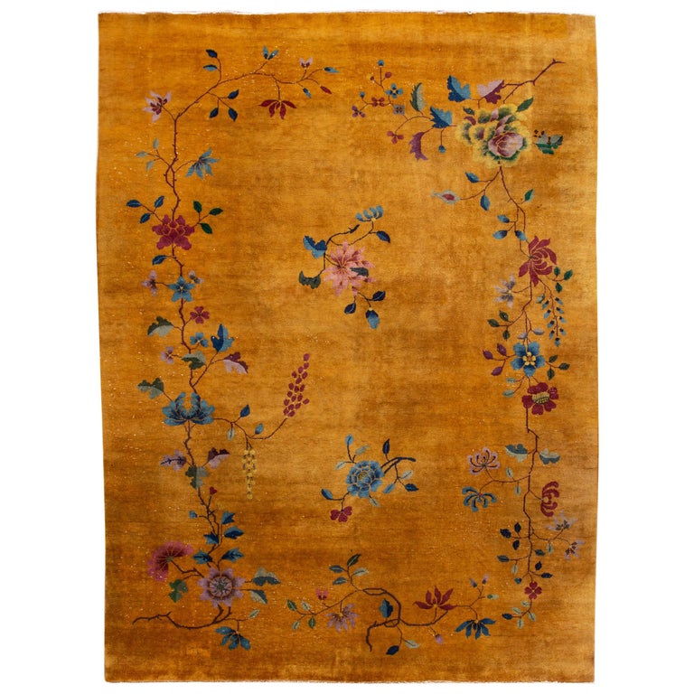 Yellow Antique Art Deco Chinese Wool Rug at 1stDibs