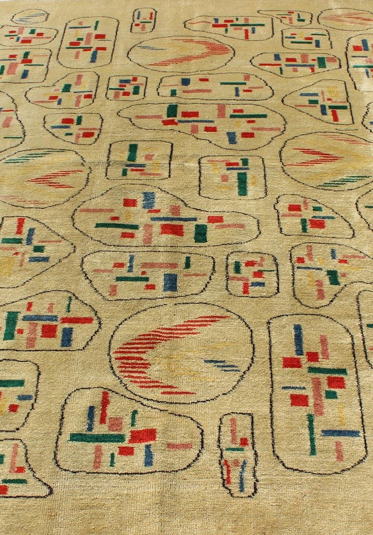 Yellow Background Vintage Turkish Mid-Century Modern Rug with Geometric ...
