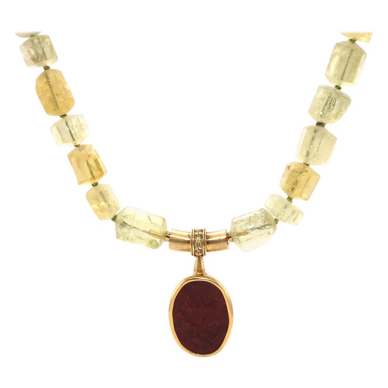 Yellow Beryl Nugget Necklace with an 18k Yellow Gold Roman Seal Clasp ...
