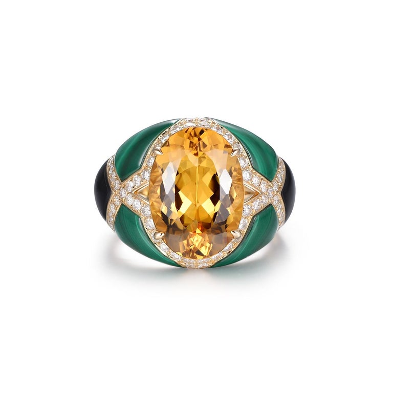 Yellow Beryl Onyx Diamond Cocktail Ring in 14 Karat Yellow Gold For ...