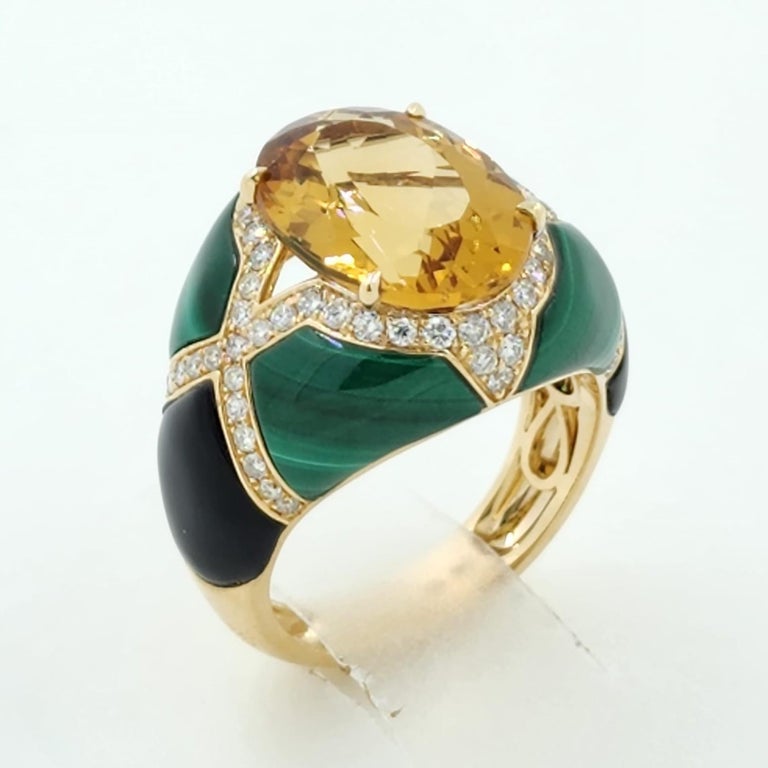 Yellow Beryl Onyx Diamond Cocktail Ring in 14 Karat Yellow Gold For ...