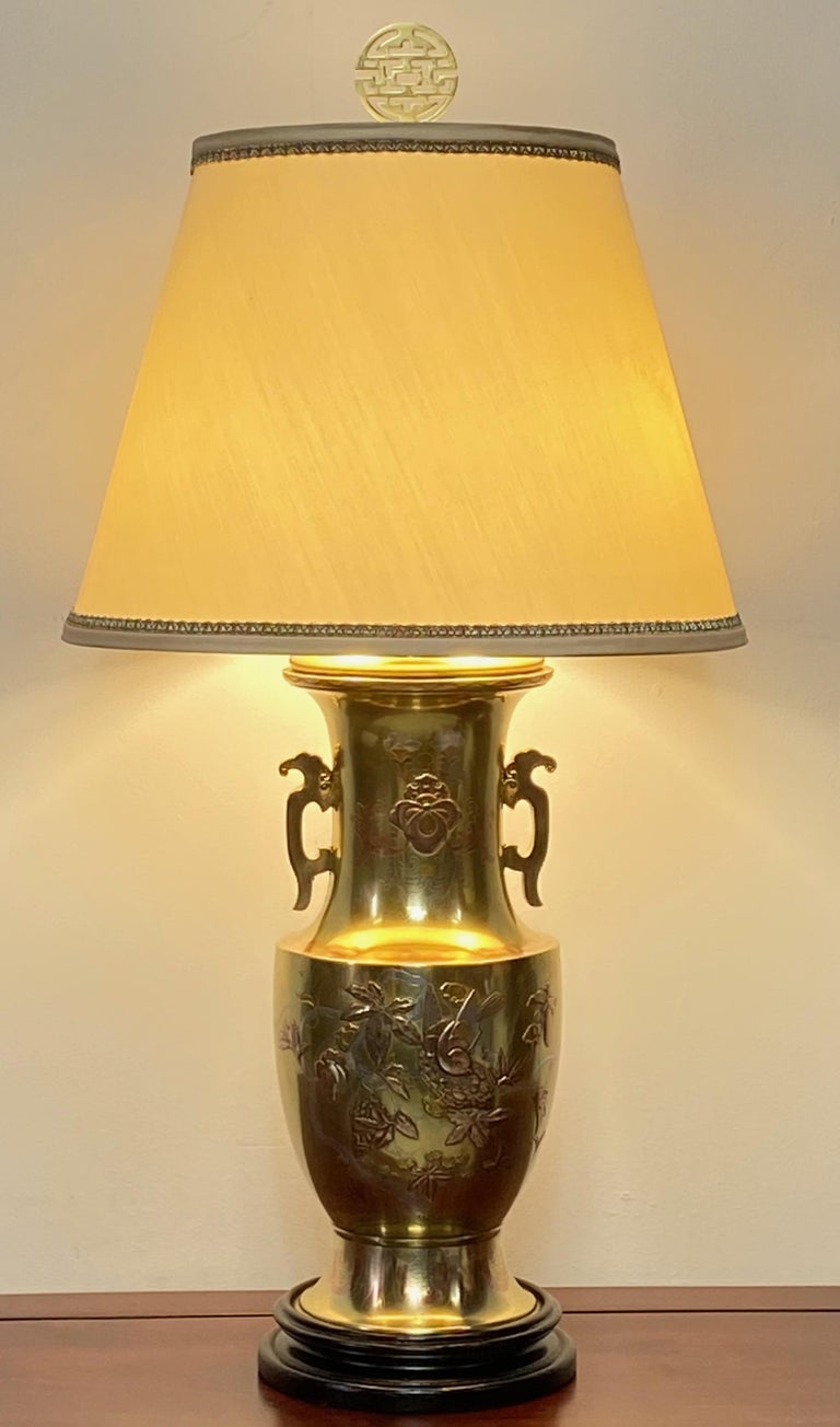 Yellow Bronze Lamp with Inlay Red Bronze and Silver, Japanese Meiji ...