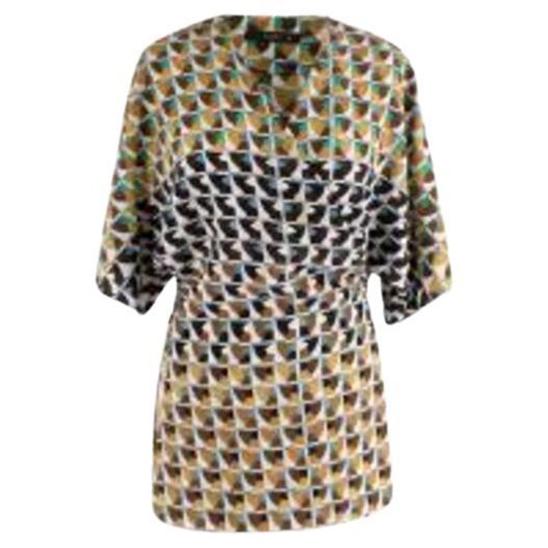 Yellow and brown geometric print silk crepe wrap blouse For Sale at 1stDibs