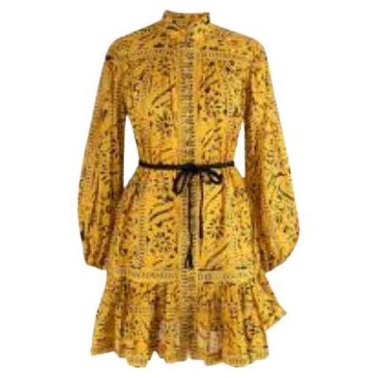 Yellow Cotton Floral Printed Belted Dress For Sale at 1stDibs