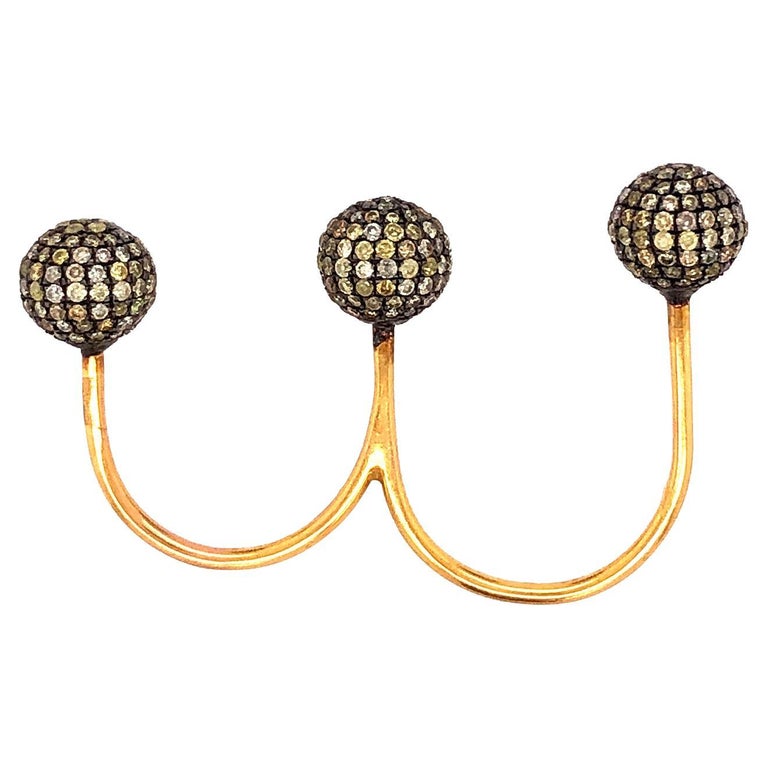 Yellow Diamond Ball Two Finger Ring Made in 14k Gold and Silver For ...