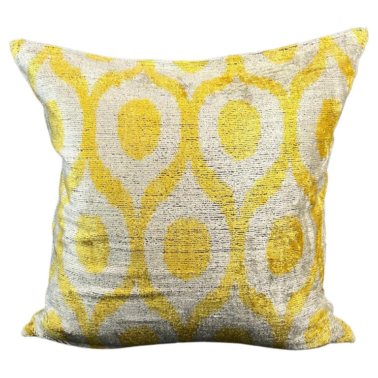 Yellow Geometric Design Velvet Silk Ikat Pillow Cover For Sale at 1stDibs