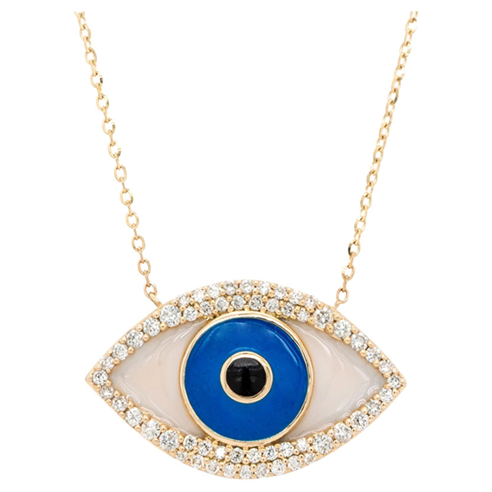 Yellow Gold Diamond Pave Enamel Evil Eye Pendant Necklace 14 Karat in Stock For Sale at 1stDibs
