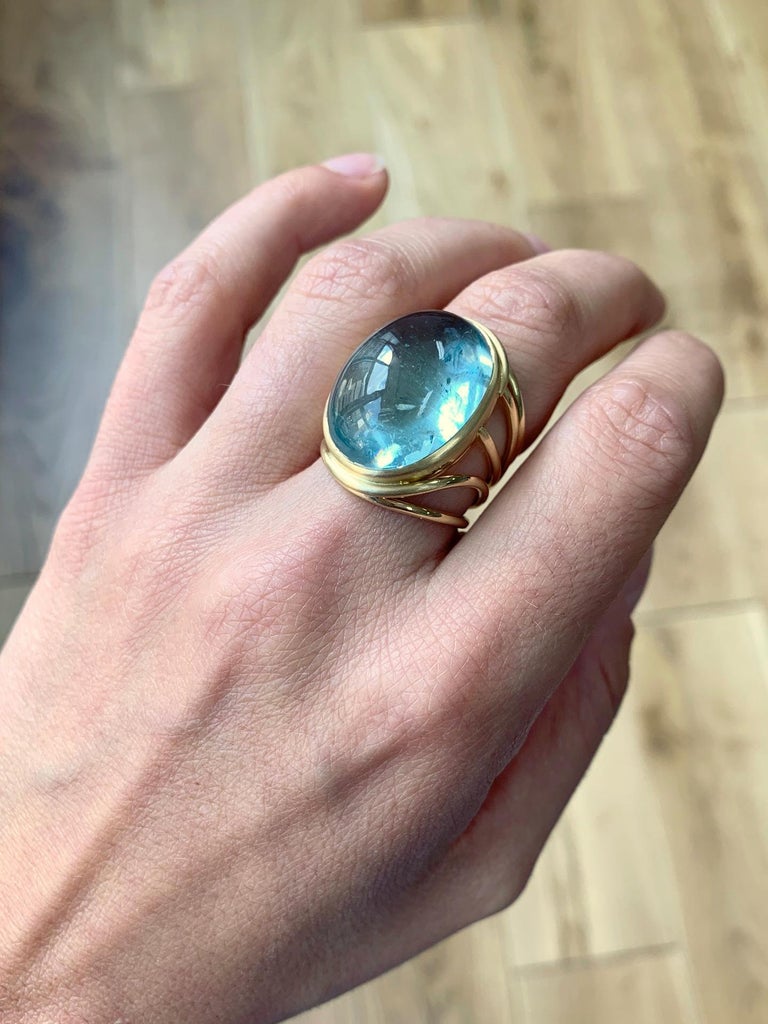 Yellow Gold 18 Karat Aqua Blue Cabochon Aquamarine Band Ring For Sale ...