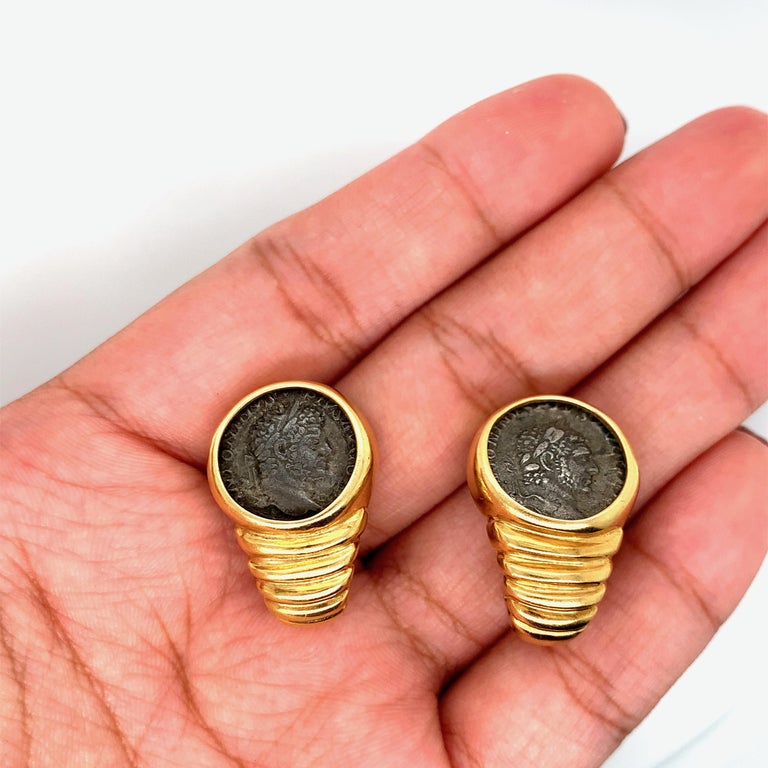 Yellow Gold Ancient Roman Coin Ear Clips For Sale at 1stDibs