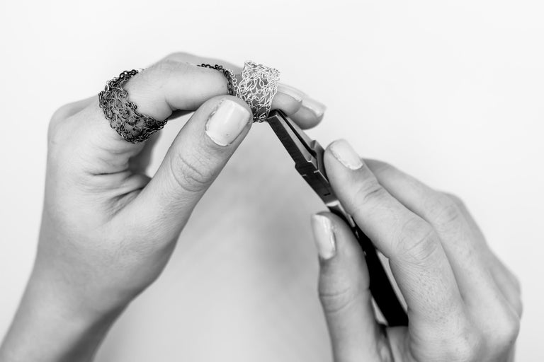 Yellow Gold and Black Rhodium Hand Knitted Double Finger Bond Rings For ...