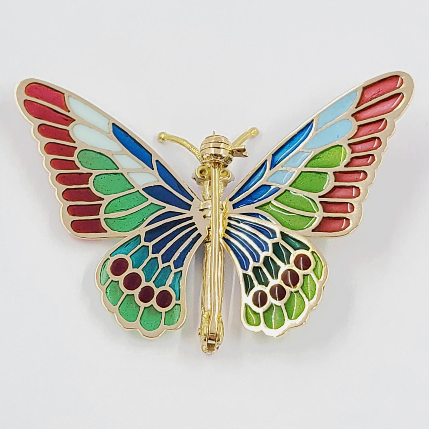 Yellow Gold and Enamel Moving Butterfly Pin For Sale at 1stDibs