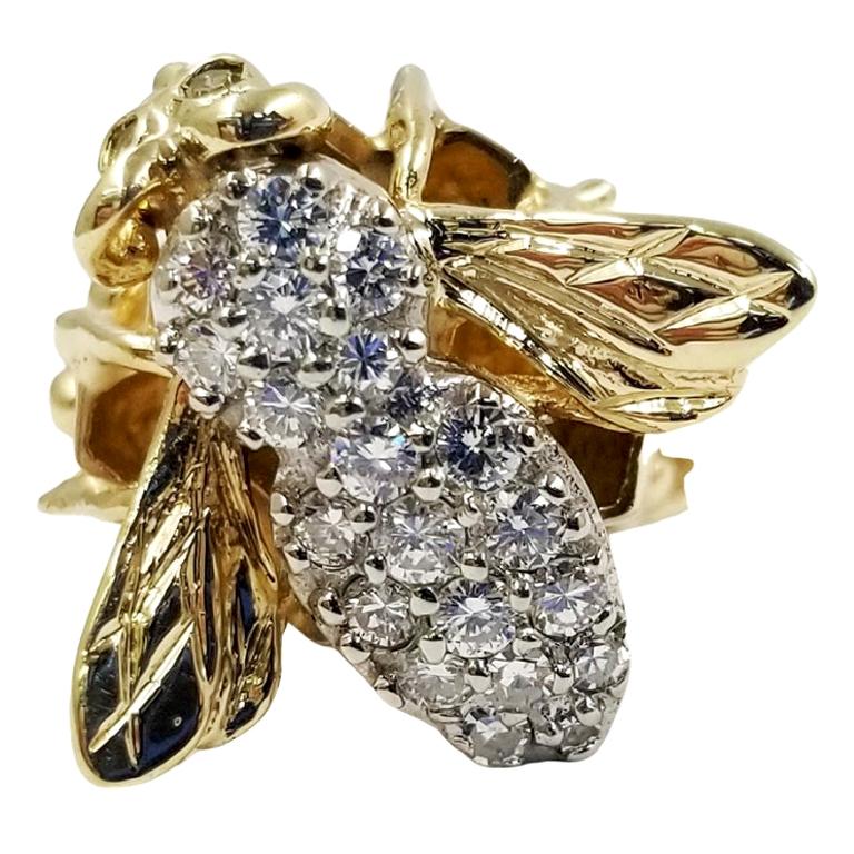 Yellow Gold and Pave Diamond Bee Ring at 1stDibs | bee diamond ring