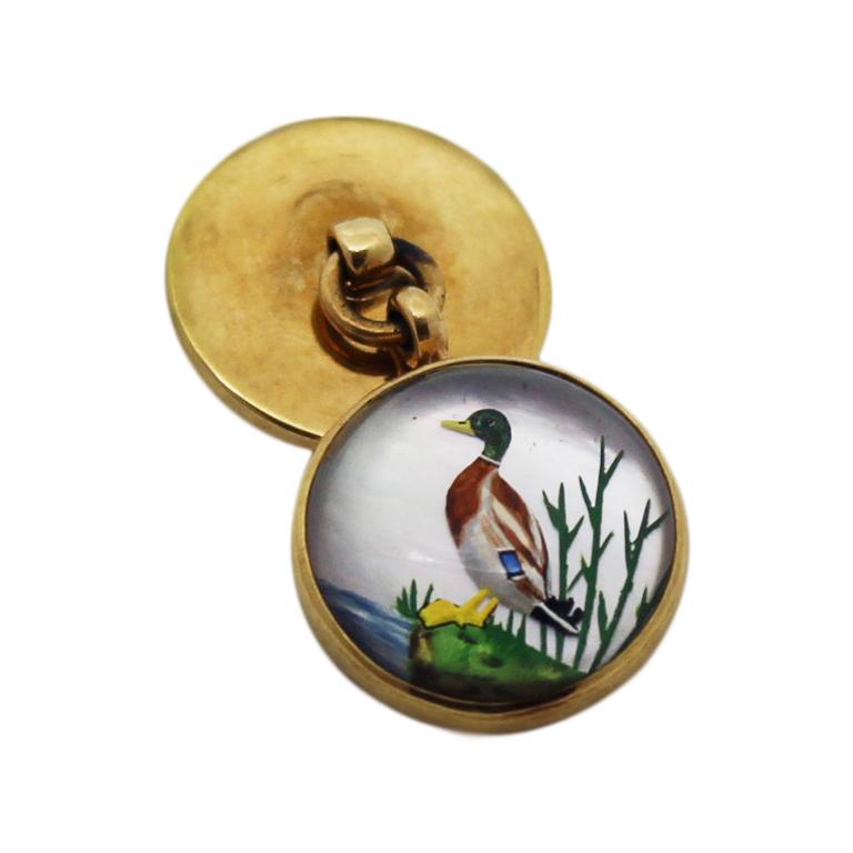 Yellow Gold and Reverse Essex Crystal Duck and Mallard Hunting Motif ...
