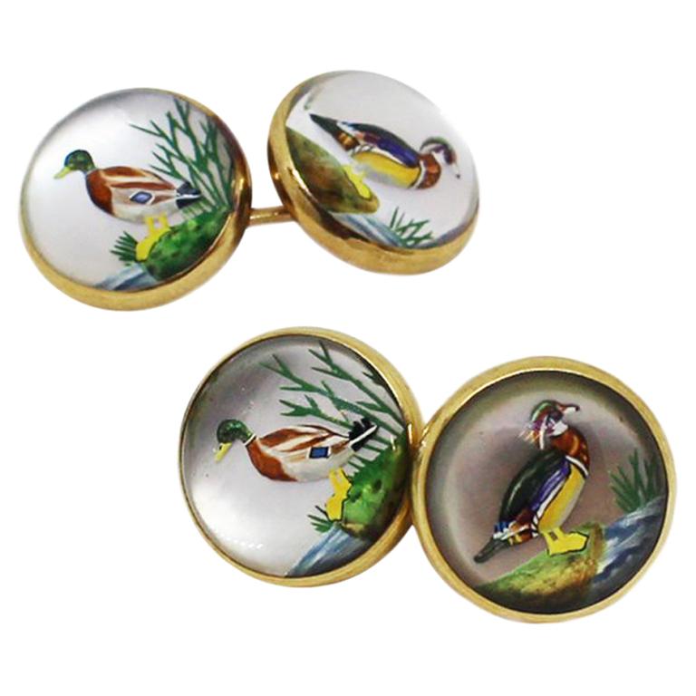 Yellow Gold and Reverse Essex Crystal Duck and Mallard Hunting Motif ...