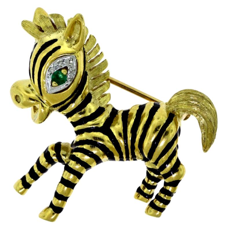 Yellow Gold Baby Zebra with Diamonds, Emerald, and Black Enamel Brooch ...