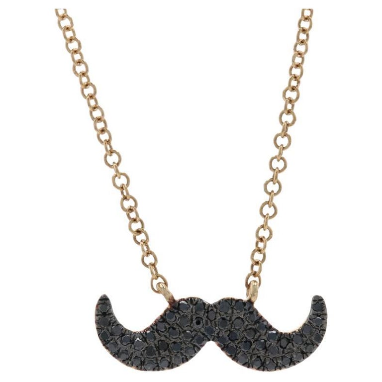 Yellow Gold Black Diamond Mustache Necklace, 14k Single Cut .12ctw ...