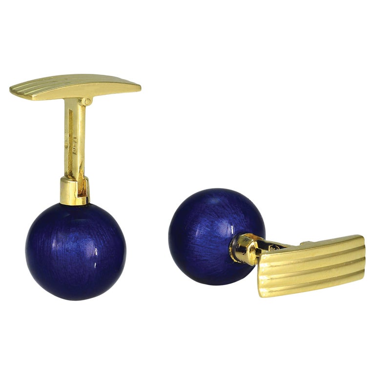 Yellow Gold and Blue Enamel Round Cufflinks For Sale at 1stDibs
