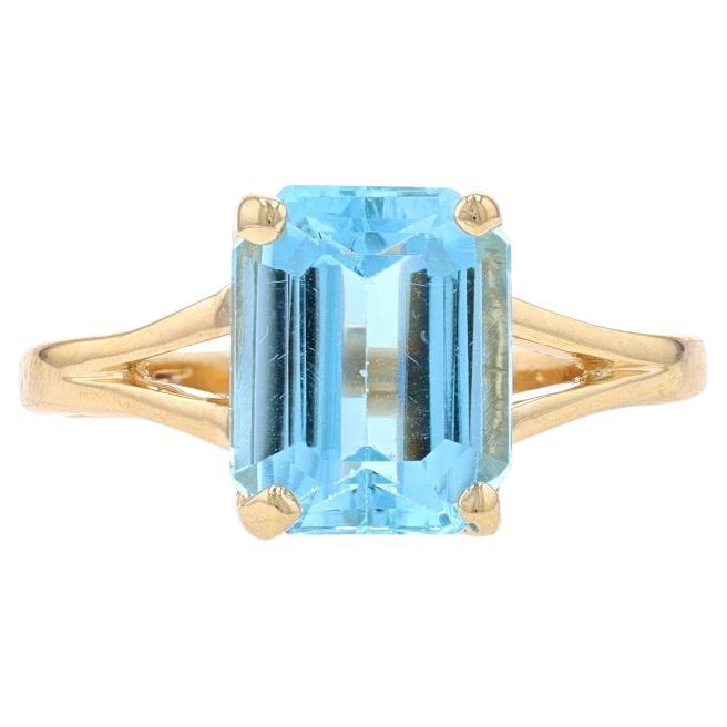 Natural Emerald Cut Blue Topaz Filigree Ring in Solid 14k Yellow Gold ...