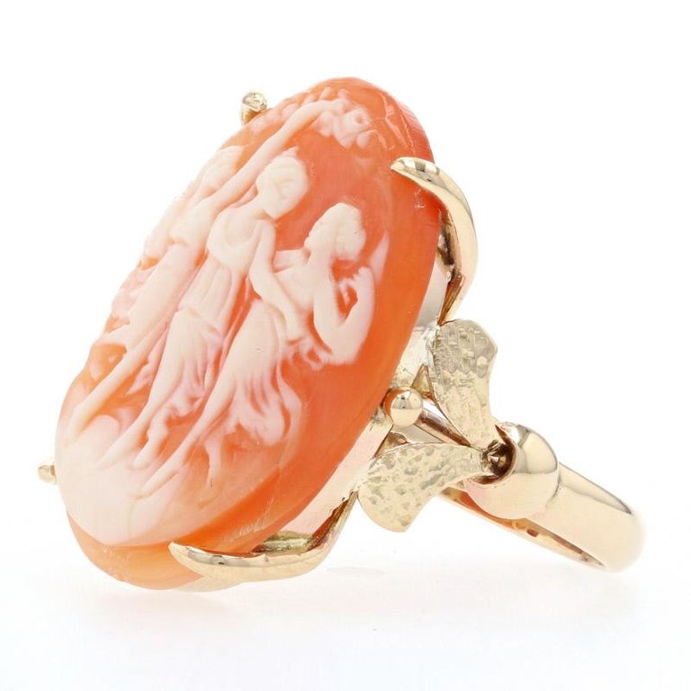 Yellow Gold Carved Shell Cameo Cocktail Ring 14k Three Graces